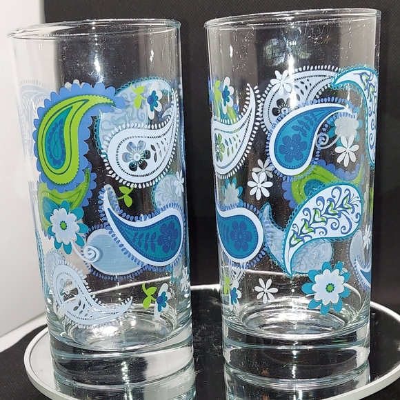 Libbey | Kitchen | Vintage Libbey Crisa Blue Green Paisley Retro ...